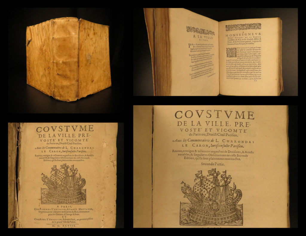 1598 LAW French Customs of Paris France Charondas Caron Civil ...
